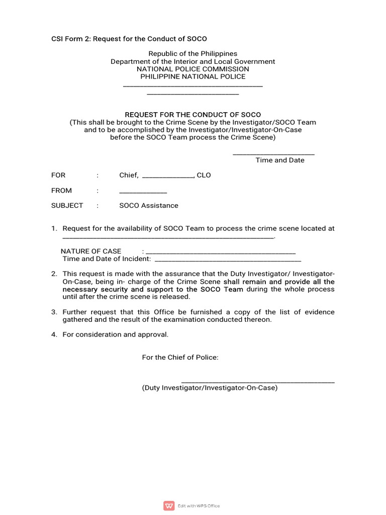 CSI Form 2 Request For The Conduct of SOCO | PDF