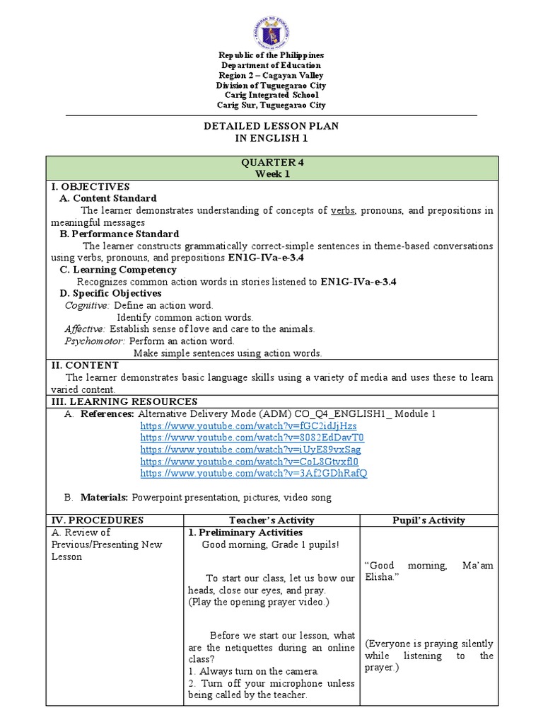 Detailed Lesson Plan in English 1 | Download Free PDF | Pet | English ...