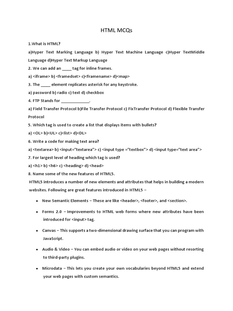 HTML Mcqs | PDF | Html Element | Html