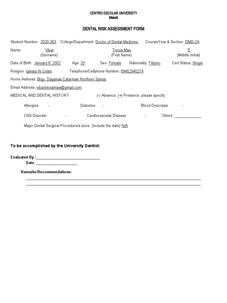 Dental Risk Assessment Form | PDF | Dentistry | Oral Hygiene