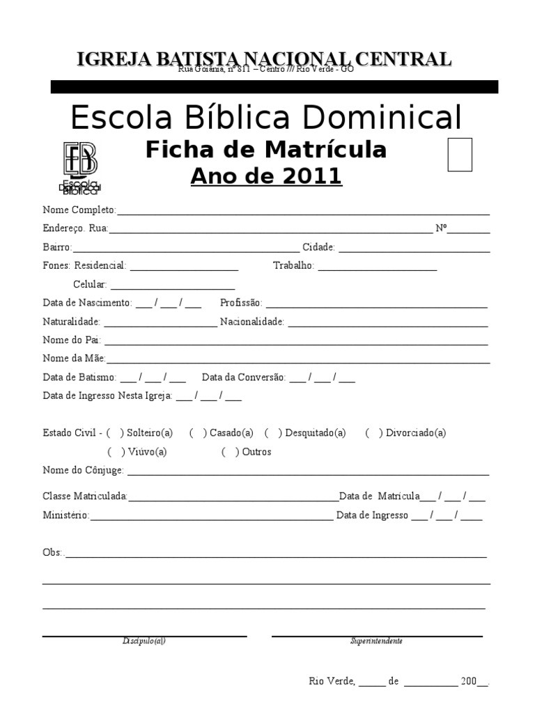 Ficha De Matrícula Da Ebd Remontado Pdf