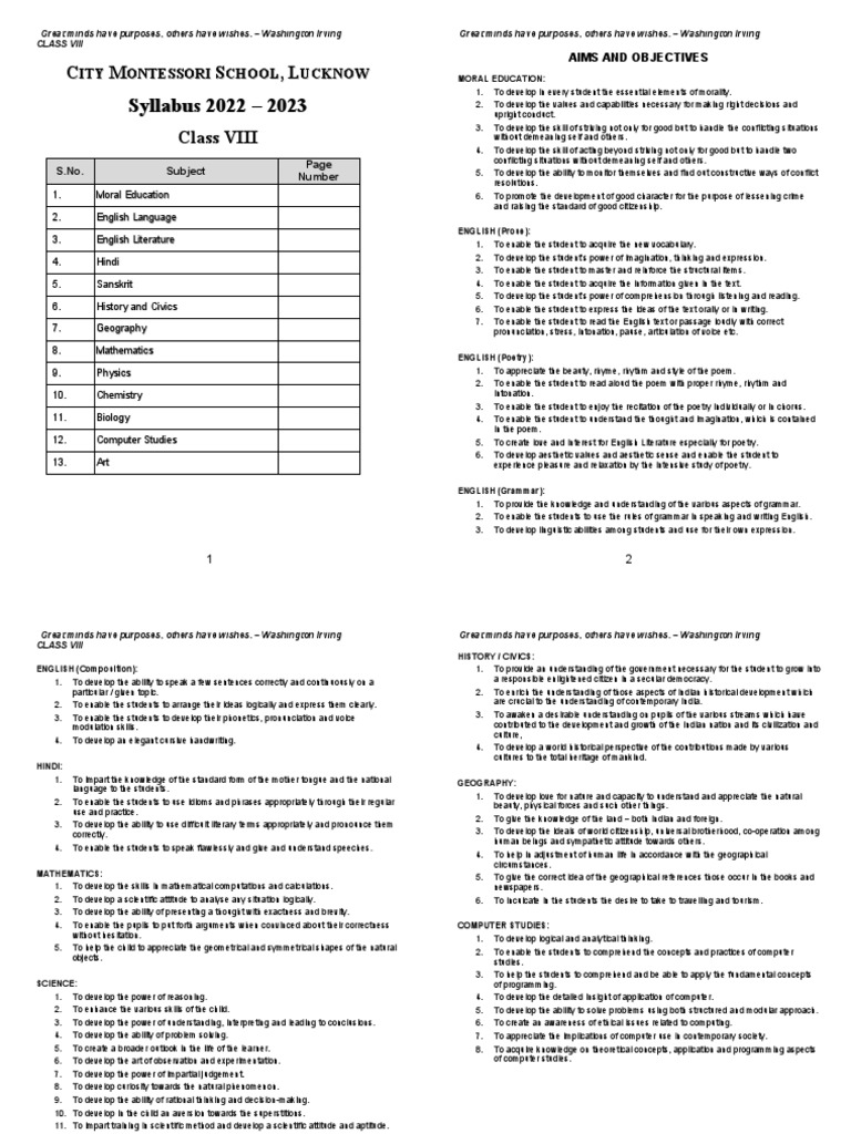 City Montessori School, Lucknow Class VIII Syllabus 2022-2023: Aims and ...