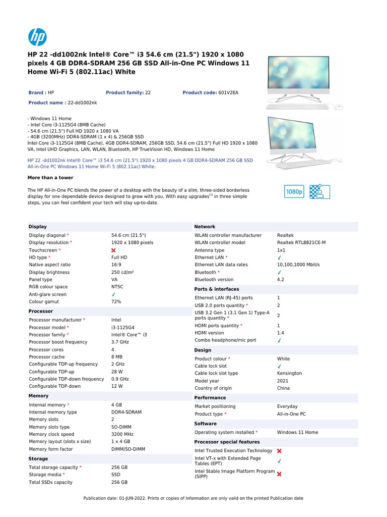 Datasheet HP 22-dd1001nk All-in-One PC (601V2EA) | PDF | Solid State ...