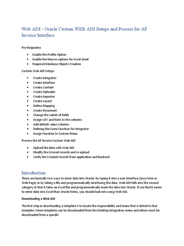 Web ADI - Oracle Custom WEB ADI Setups and Process For AP Invoice Interface | PDF | Microsoft ...