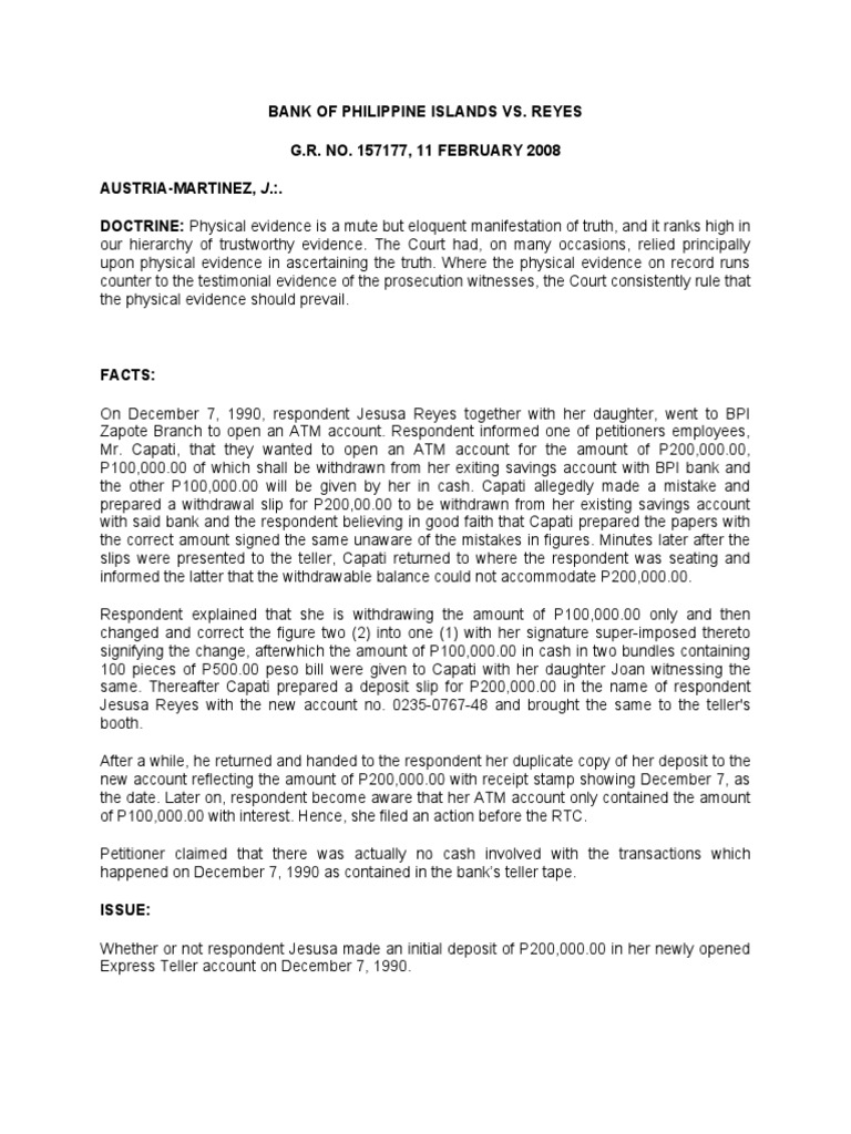 BPI v. Reyes - Case Digest | PDF | Evidence | Burden Of Proof (Law)
