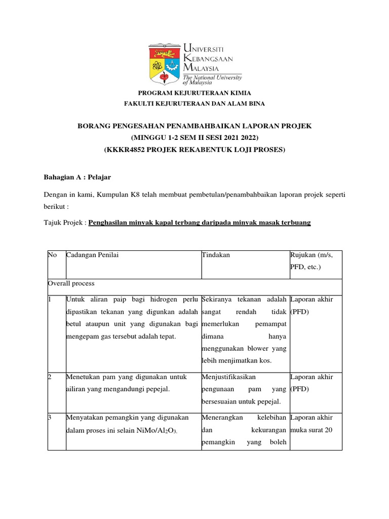 Borang Pengesahan Penambahbaikan Laporan Sebelum Perbentangan Akhir Sem 2 KK8 | PDF