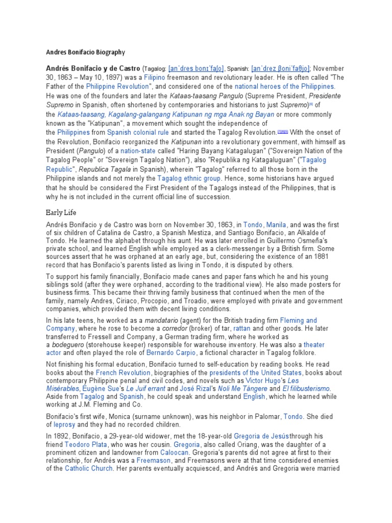 Biography of Andrés Bonifacio | PDF | Philippines