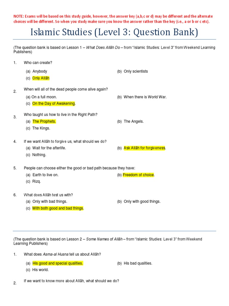 Islamic Studies (Level 3: Question Bank) | PDF | Muhammad | Hajj