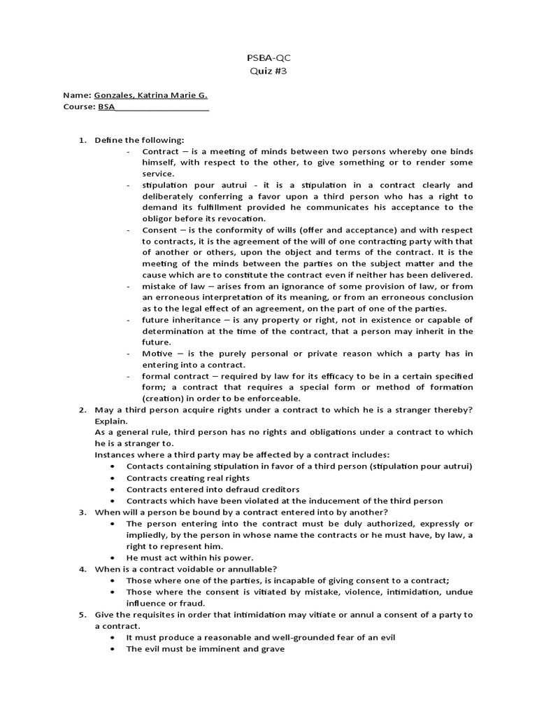Psba-Qc Quiz #3 | PDF | Reason | Offer And Acceptance