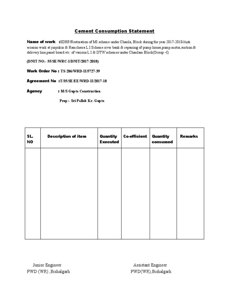 Cement Consumption Statement | PDF | Technology & Engineering