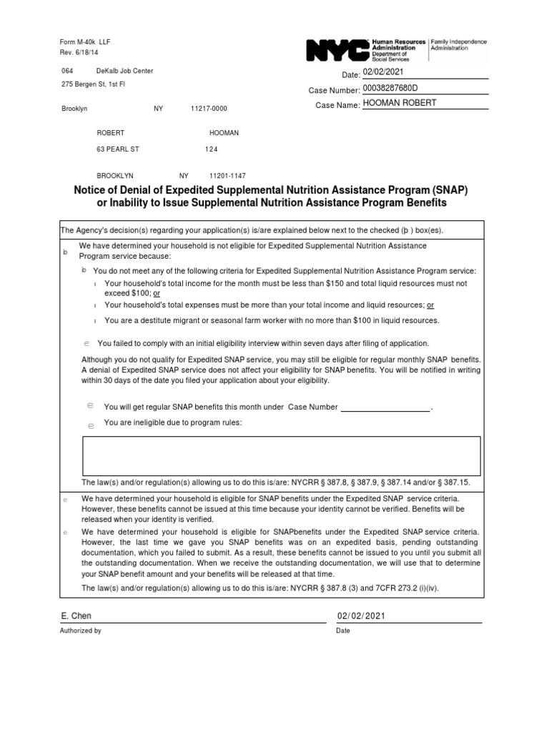 SNAP Expedited Benefits Denial Notice | PDF | Supplemental Nutrition ...