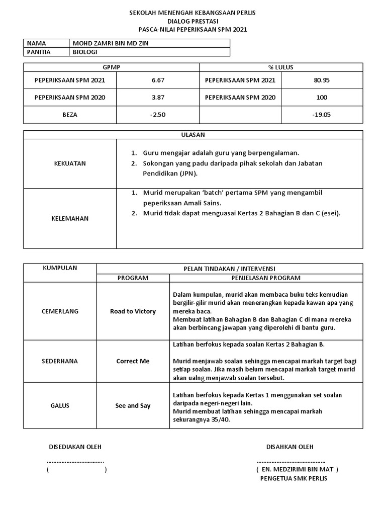 Borang Pasca Nilai SPM 2021 | PDF