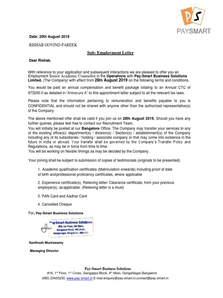 Pay-Smart Offer Letter-Rishab-1 | PDF | Government | Justice