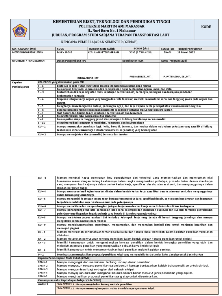 Rps Metodologi Penelitian | PDF