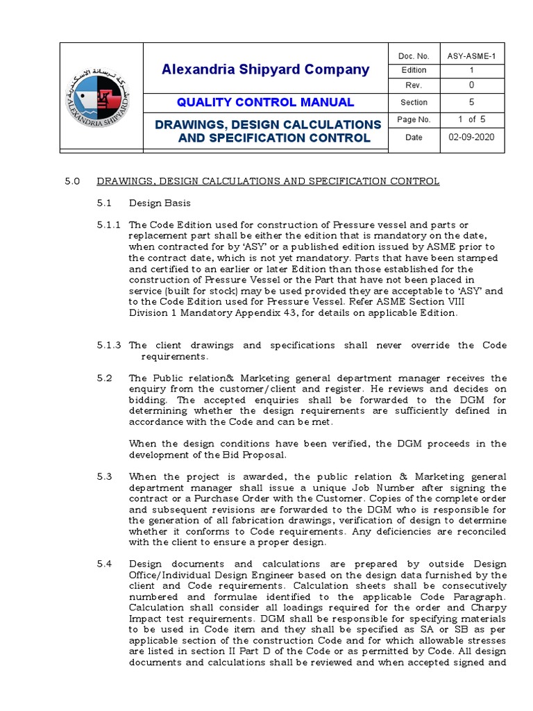Section 5 - Drawings Design Calculations & Specifications Control | PDF ...