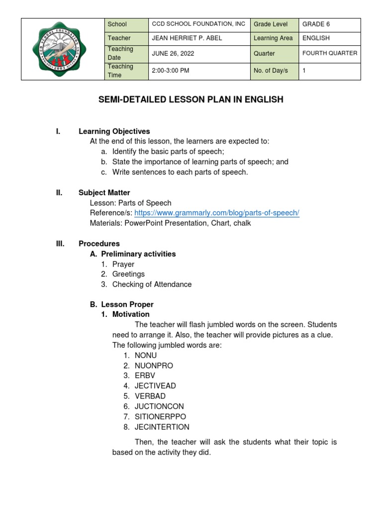 Lesson Plan: Parts of Speech for Grade 6 | PDF | Adverb | Part Of Speech