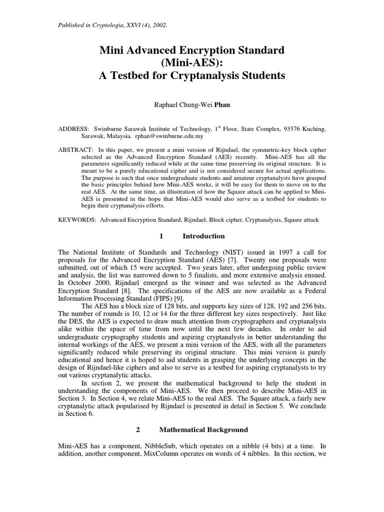 Mini Advanced Encryption Standard (Mini-AES) : A Testbed For ...
