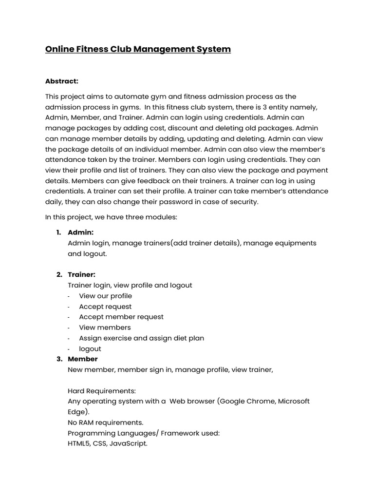 Online Fitness Club Management System: Abstract | PDF