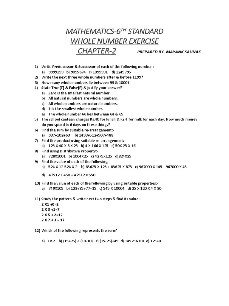 Whole Number Math Problems | PDF