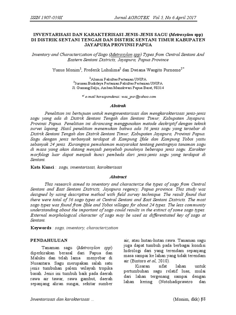 INVENTARISASI DAN KARAKTERISASI JENIS-JENIS SAGU (Metroxylon SPP) | PDF
