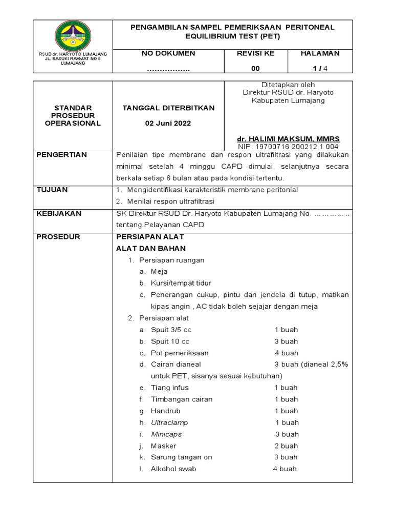 Sop Pengambilan Sampel Pemeriksaan Peritoneal Equilibrium Test (Pet) | PDF