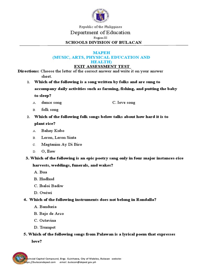 Grade 7-Exit Assessment in MAPEH | PDF