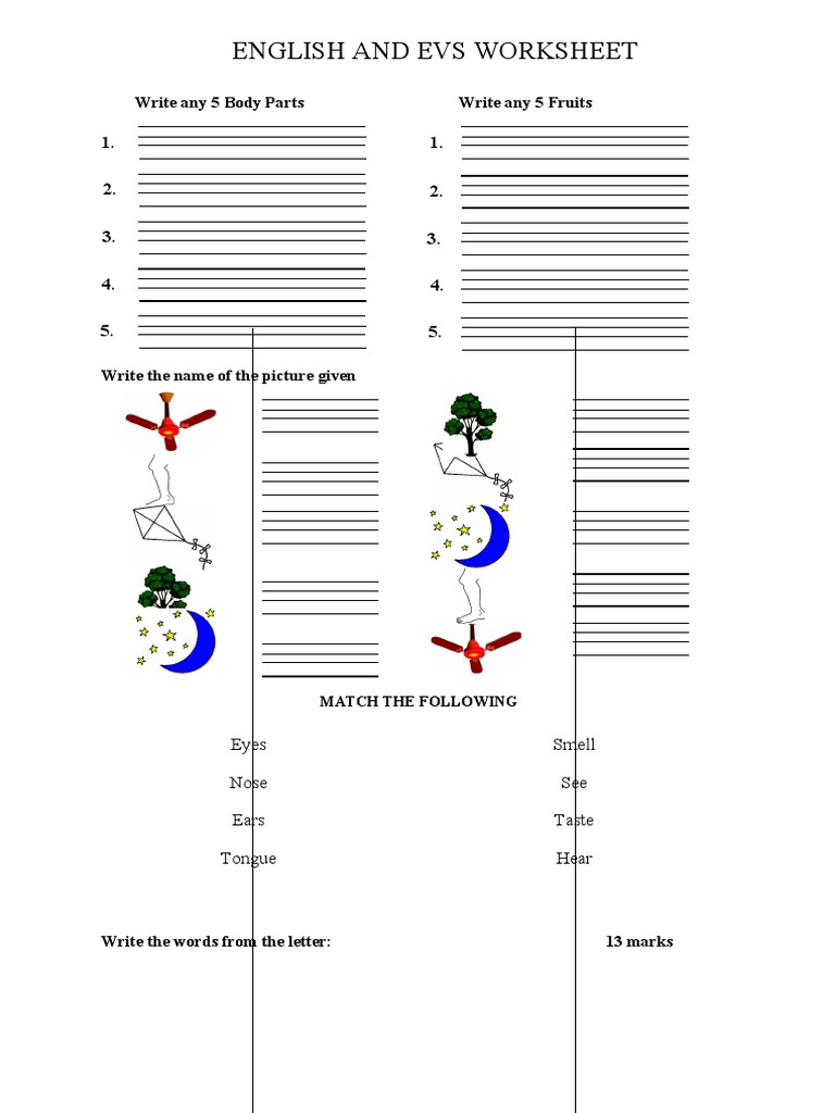 English and Evs Worksheet: Write Any 5 Body Parts Write Any 5 Fruits | PDF