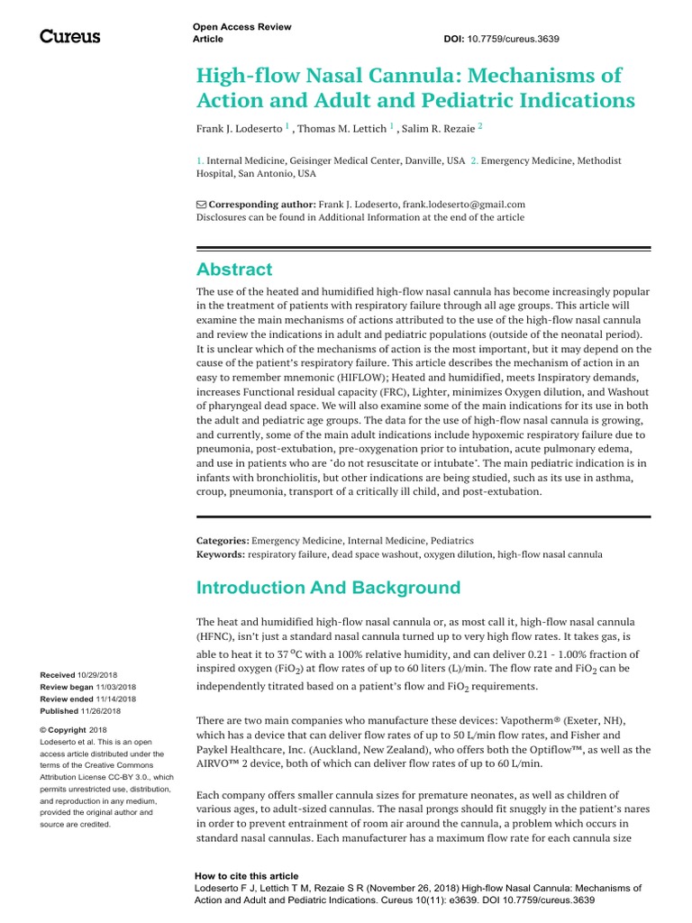 High-Flow Nasal Cannula: Mechanisms of Action and Adult and Pediatric ...
