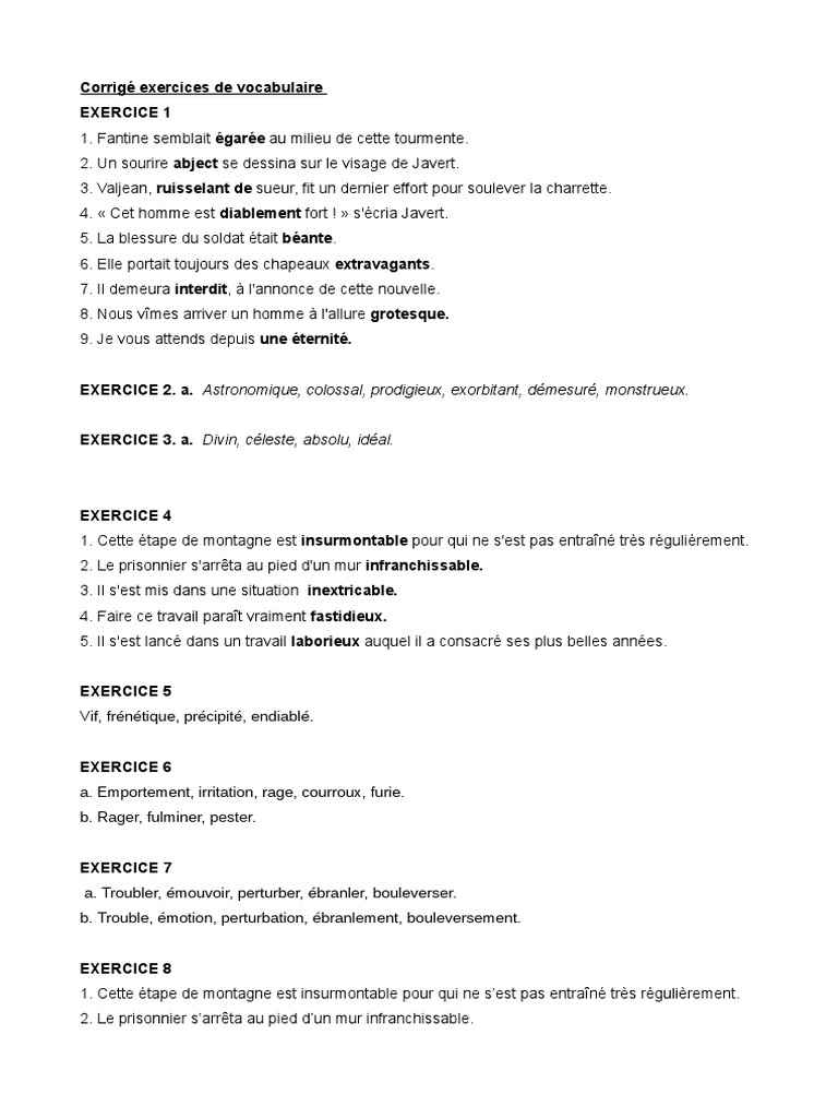 Exercices de vocabulaire corrigés | PDF | Les misérables | Personnages ...