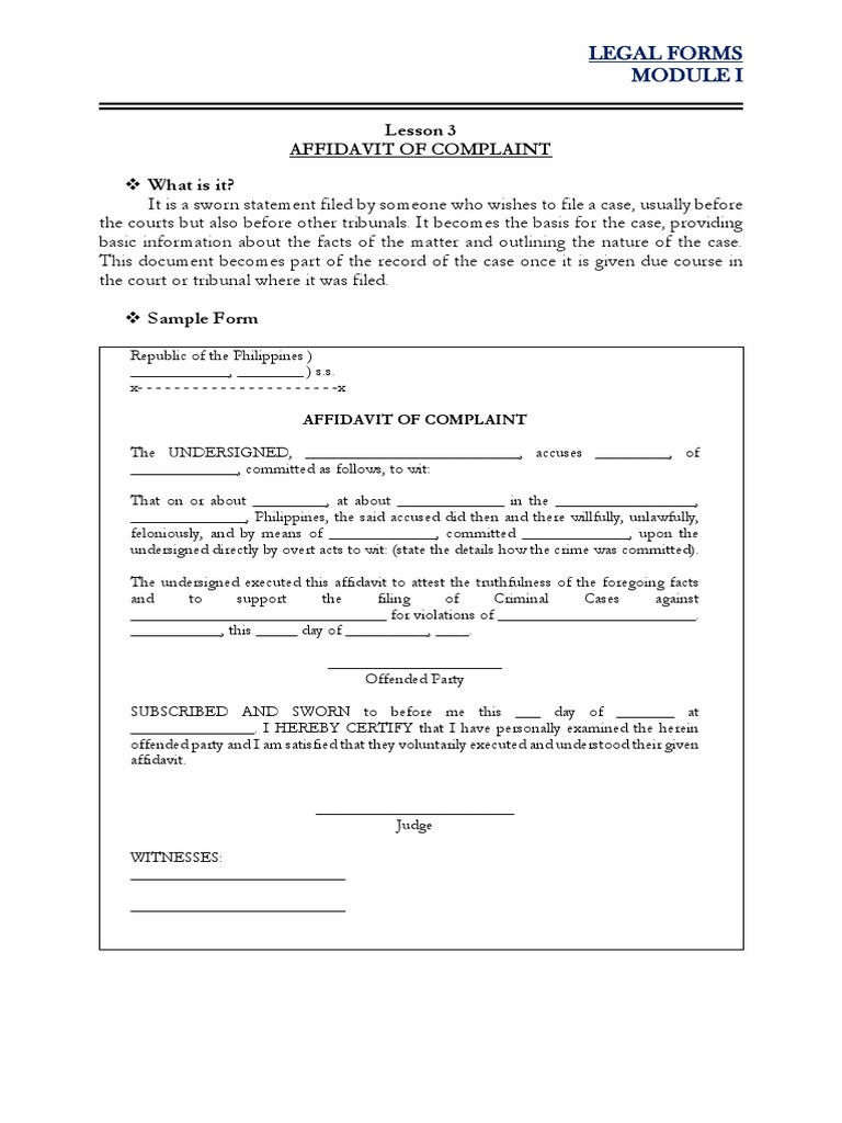 Lesson 3 Affidavit of Complaint: Legal Forms | PDF | Affidavit | Crimes