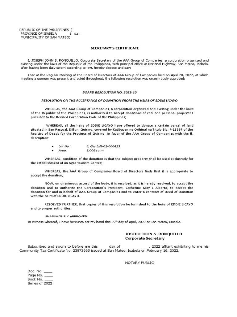 Secretary's Certificate - Acceptance of Donation | PDF | Civil Law ...