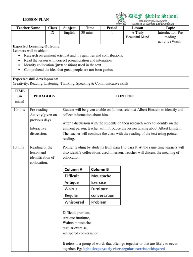 DLF Public School: Lesson Plan Teacher Name Class Subject Time Period ...