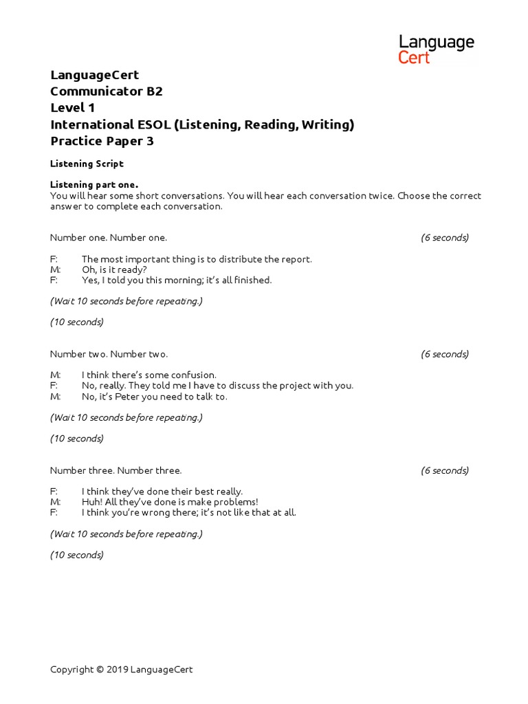 Languagecert Communicator B2 Level 1 International Esol (Listening ...