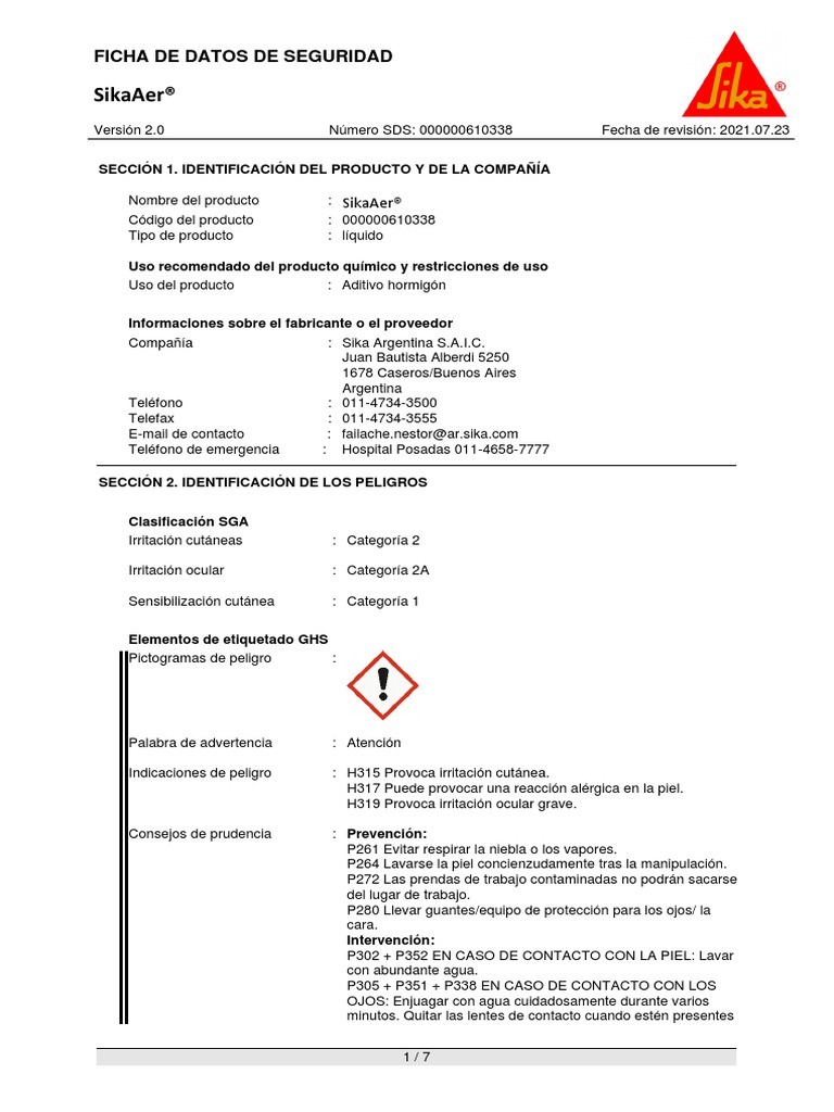 MSDS-Sika-Aer | PDF | Agua | Alergia