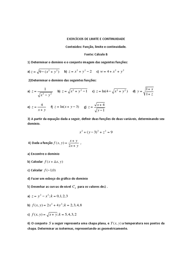 Exercícios De Limite E Continuidade Cálculo 2 Pdf Função