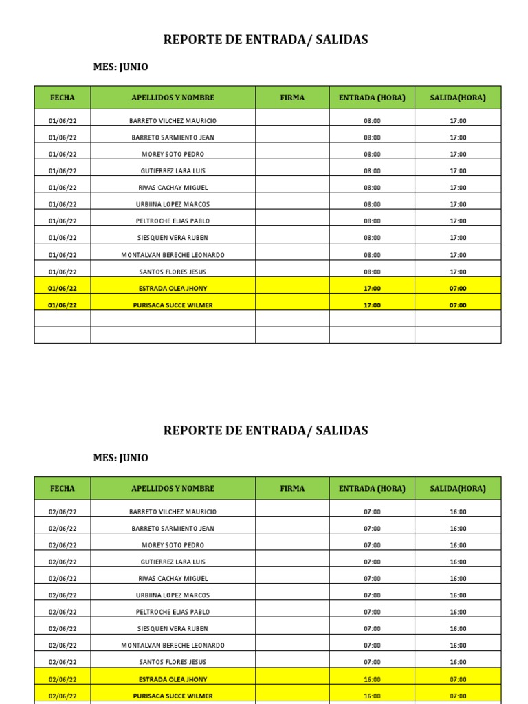 Reporte de Entrada y Salidas | PDF