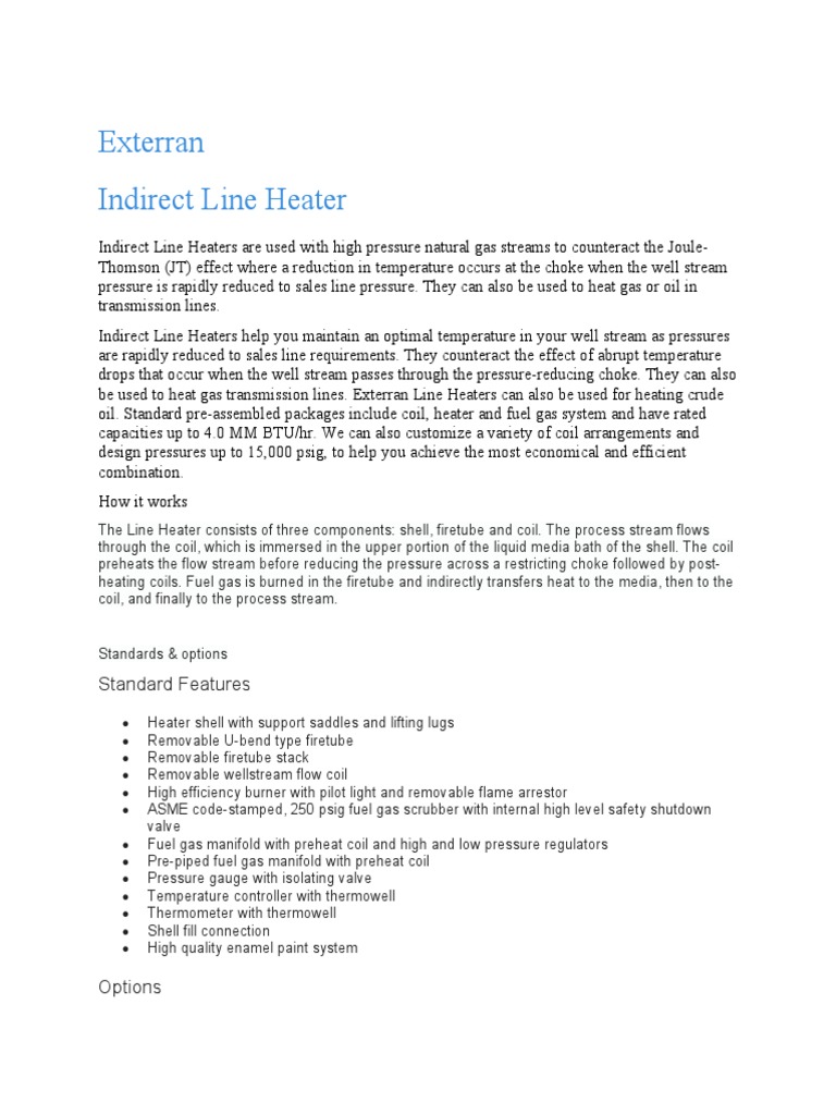 Exterran Indirect Line Heater: Standard Features | PDF | Heat Exchanger ...