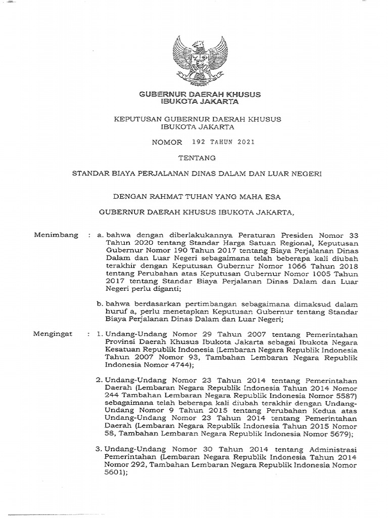 Kepgub No 192 Tahun 2021 - Standar Biaya Perjalanan Dinas | PDF