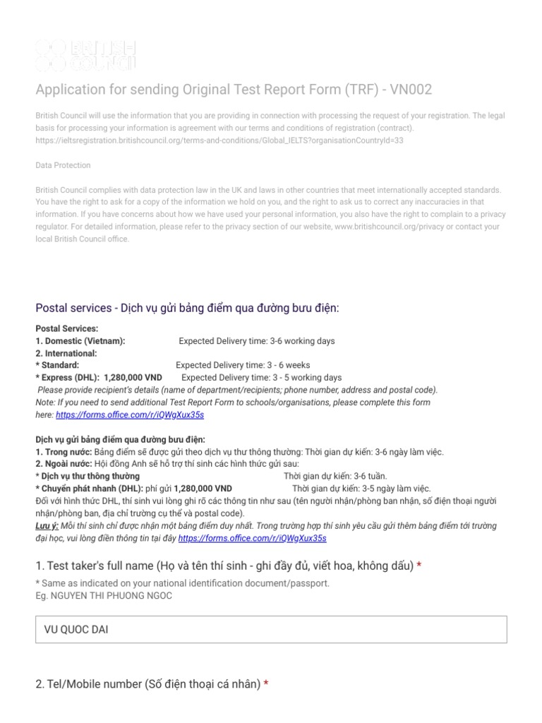 Application For Sending Original Test Report Form (TRF) - VN002 | PDF