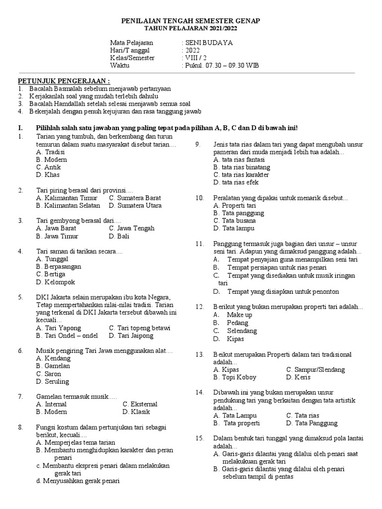Soal Seni Budaya Kelas Viii | PDF