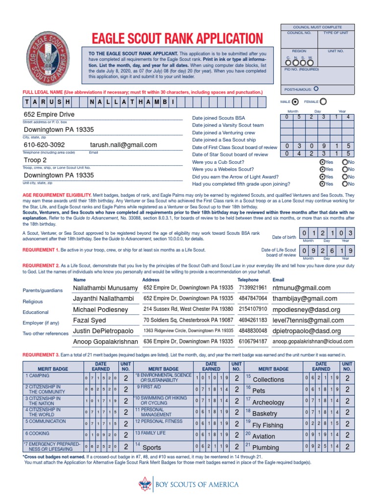 Eagle Scout Rank Application: Tarush Nallathamb I | PDF | Outdoor ...