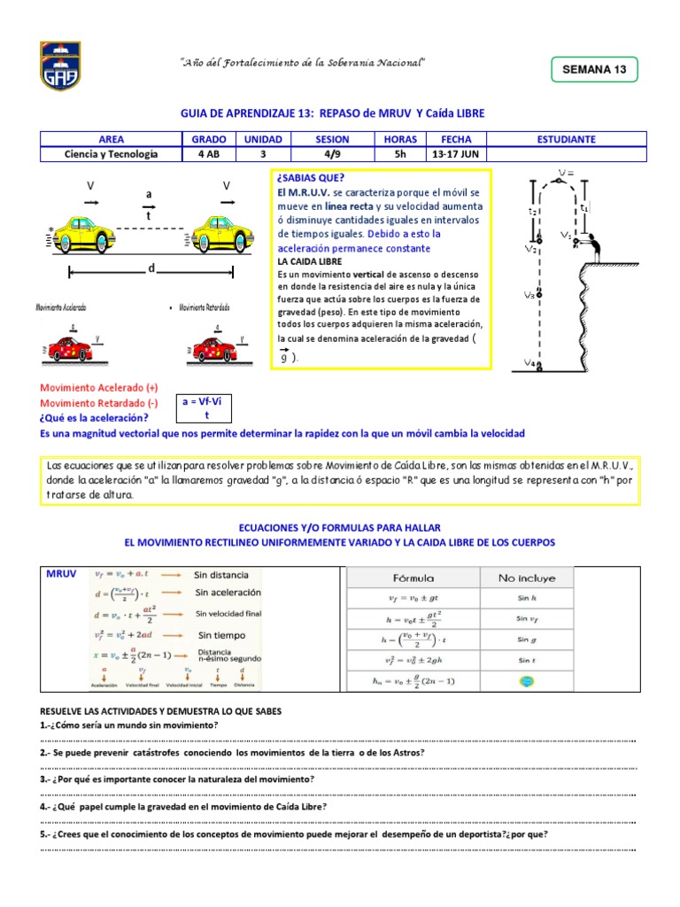 Guia de Aprendizaje 13 I.verbal 5ab Cyt | PDF | Aceleración | Velocidad