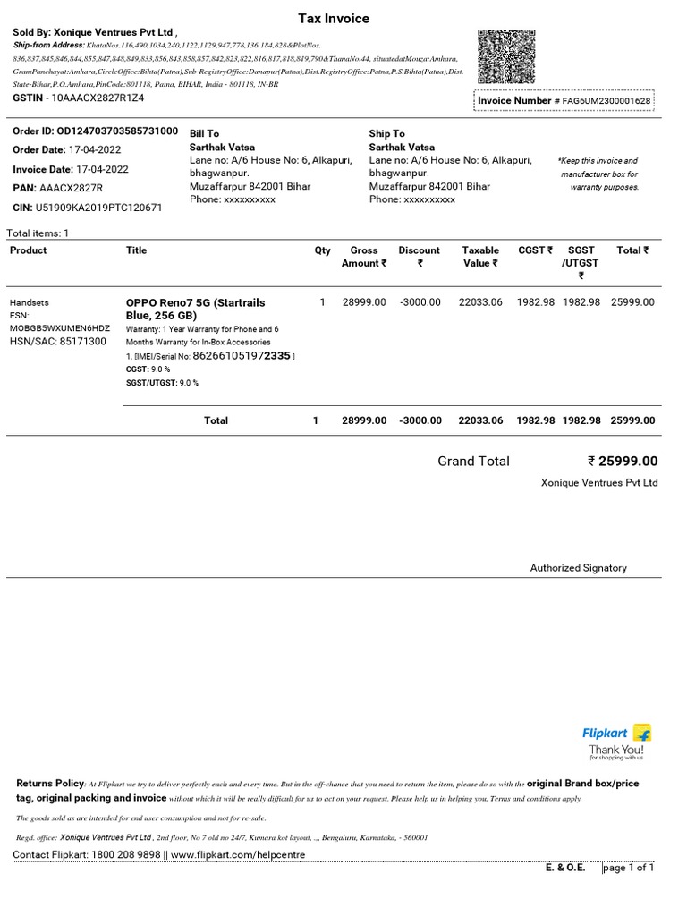 Tax Invoice for the Sale of One OPPO Reno7 5G Smartphone from Xonique ...