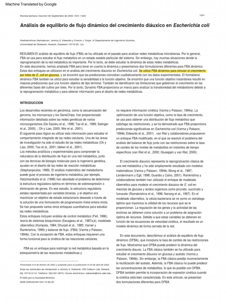 Dynamic Flux Balance Analysis of Diauxic Growth in Escherichia Coli ...