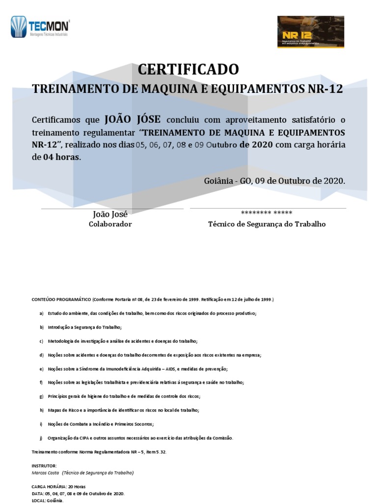 Modelo de Certificado NR 12 | PDF | Computadores