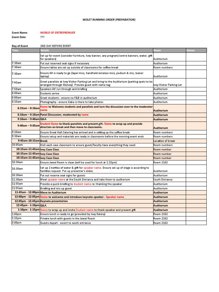 Event Running Order Sample For Guest Speaker Event | PDF | Classroom