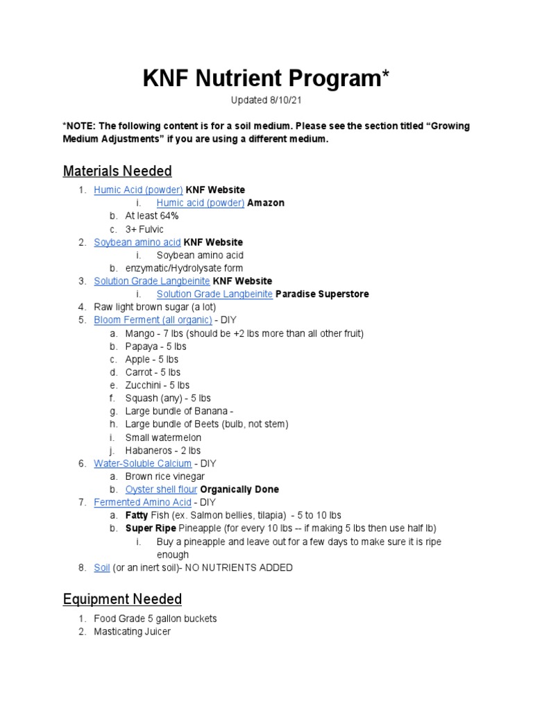 KNF Nutrient Program : Materials Needed | PDF | Sugar | Diet & Nutrition