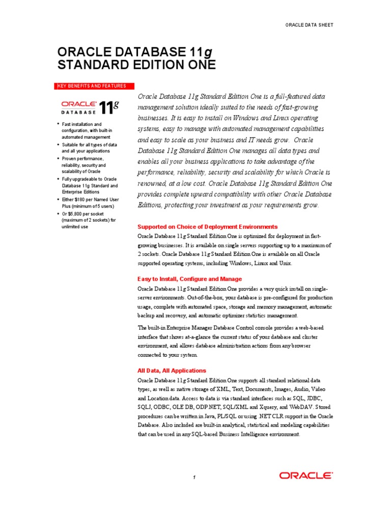 Database 11g Standard Edition One Datasheet | PDF | Oracle Database | Scalability