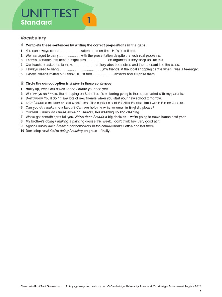 Complete First - Test Unit Test 1 (STANDARD) | PDF | Language Arts ...