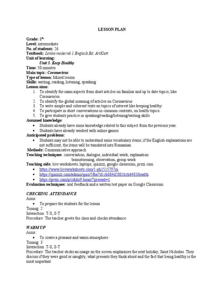 1 Lesson Plan 8th Grade | PDF | Teachers | Lesson Plan